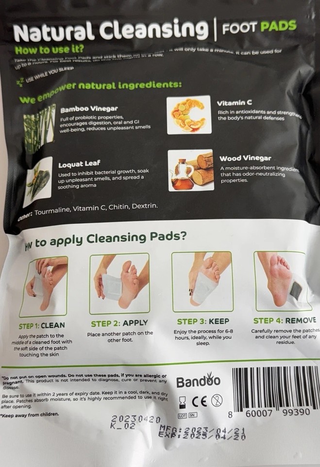 Bandoo Natural Cleansing Foot Pads Detox Natural Ingredients Exp 05/25 ...