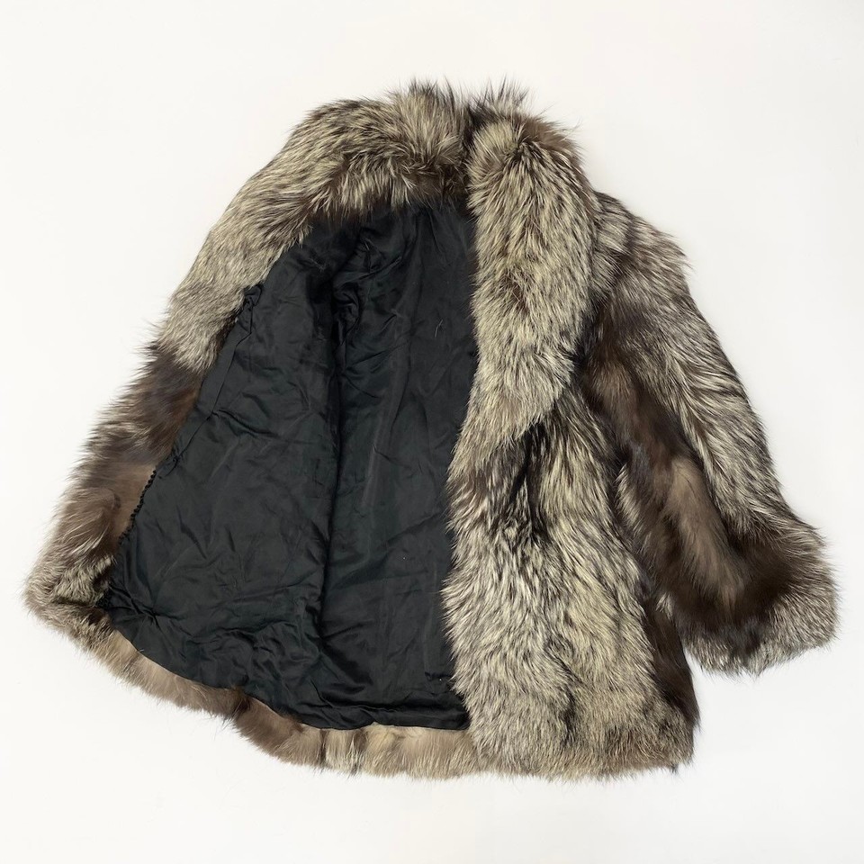 Vintage Silver Fox Fur Long Coat Brown Shawl Collar Hook & Eye Size F ...