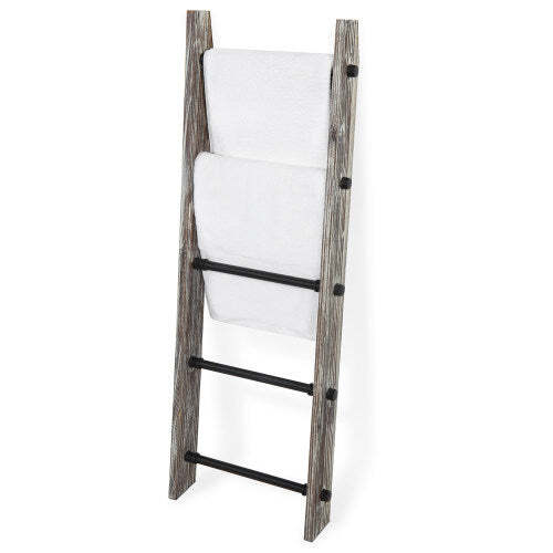 4 Ft Rustic Torched Wood & Black Metal Industrial Pipe Towel Ladder ...