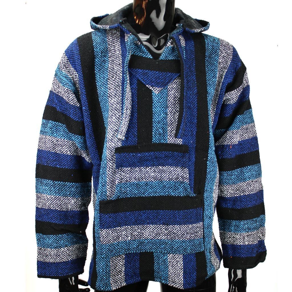 MEXICAN BAJA JERGA HOODIE HIPPIE FESTIVAL TOP COOL BLUE STRIPE Sz M L ...