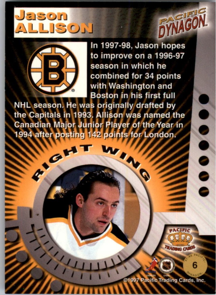 1997-98 (BRUINS) Pacific Dynagon Emerald Green #6 Jason Allison - Nr/Mt ...