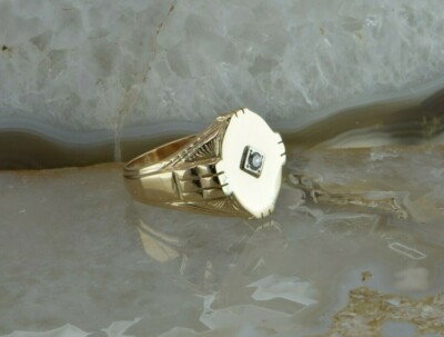 14K Yellow Gold Diamond Set Ring Art Deco Tooled Sides Size 10.75 Circa ...