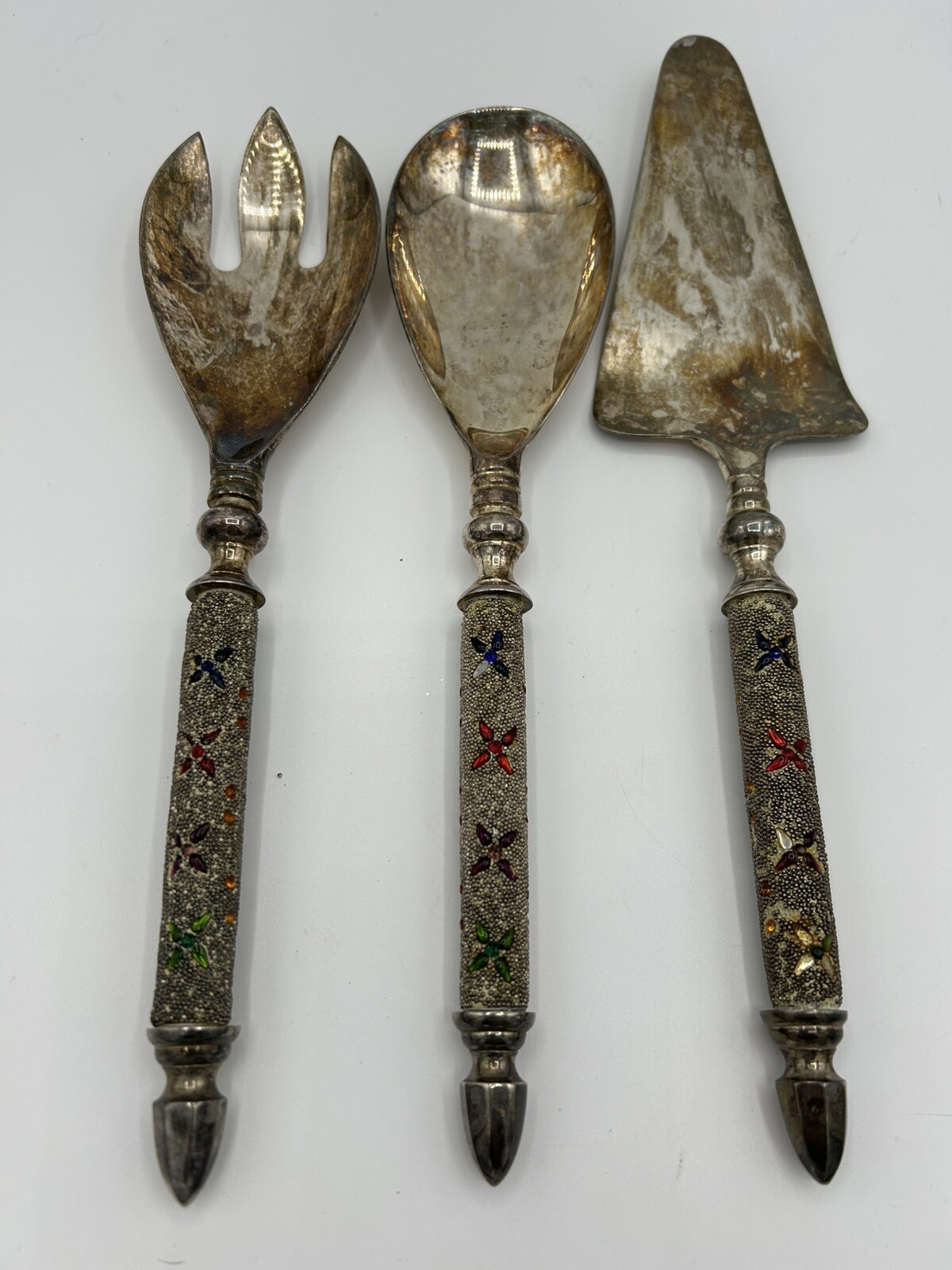 Pier One - 3 Pc Silver Plated Jeweled Salad Serving Utensils Fork Spoon ...