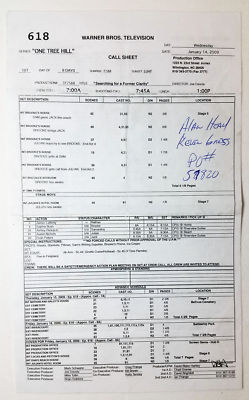 ONE TREE HILL set used CALL SHEET ~ Season 6, Episode 18 | eBay