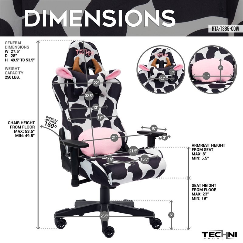 Techni Mobili Sport TS85 COW Print Fabric LUXX Series Gaming Chair ...