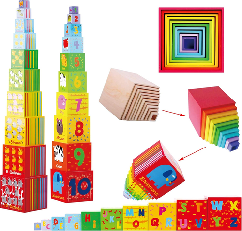 TOWO Wooden Stacking Boxes-Nesting and Sorting Cups Numbers Alphabet ...