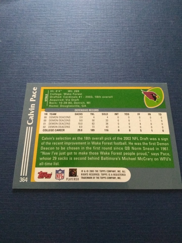 2003 Topps Football Calvin Pace Rookie Card #364 Set Break NM-MT | eBay
