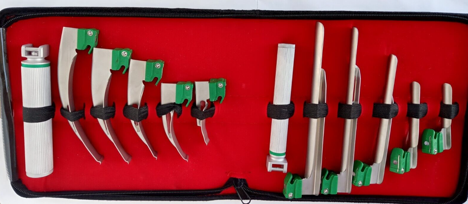 GERMAN LARYNGOSCOPE SET 12PCS INTUBATION BLADES + 2 HANDLE FIBER-OPTIC ...