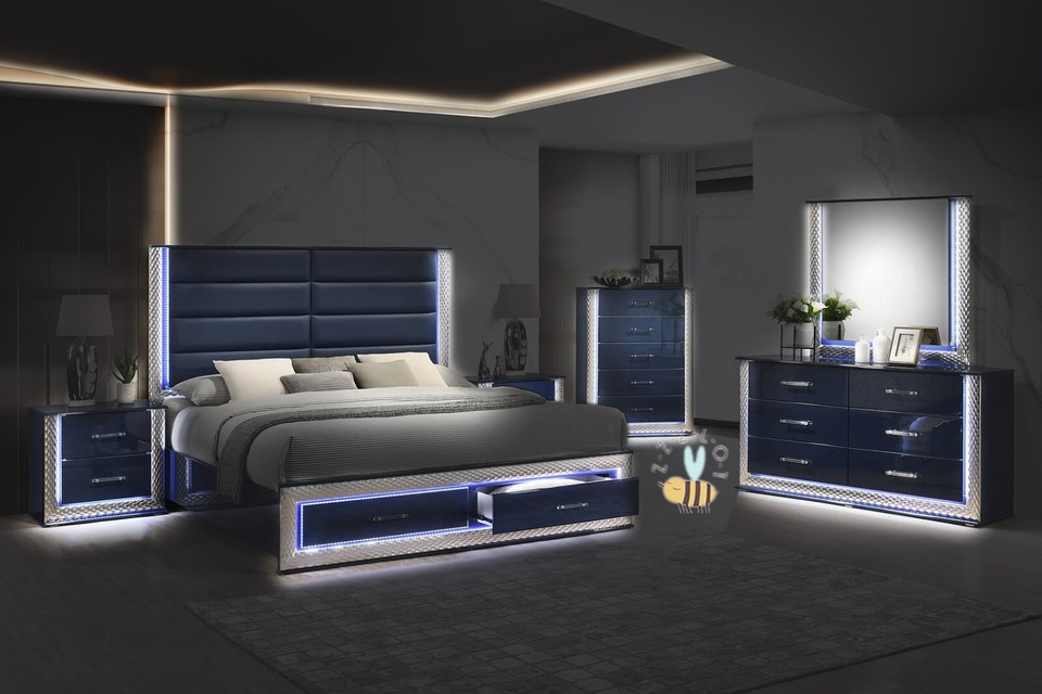 LUXURY Modern LED 5PC Gloss Blue Queen King Contemporary Bedroom Set B ...