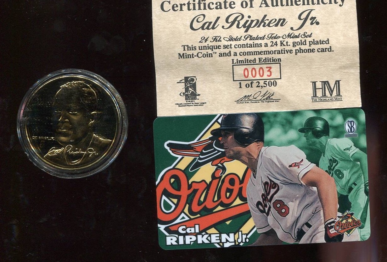 CAL RIPKEN JR - Highland Mint 24 kt Gold Plated Coin & Phonecard w Case ...
