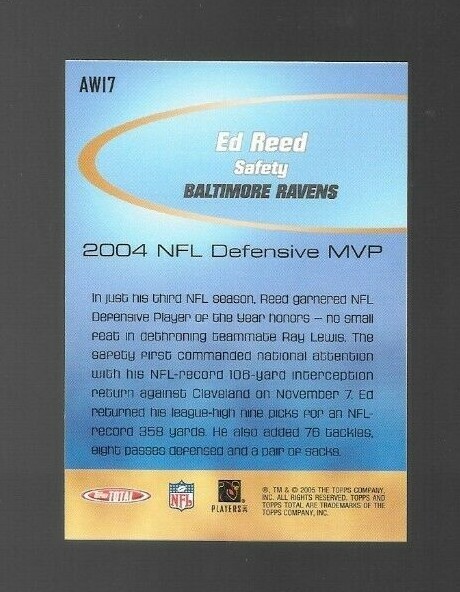 2005 Topps Total Ed Reed Total Award Winner Card #AW17 Hall of Fame ...