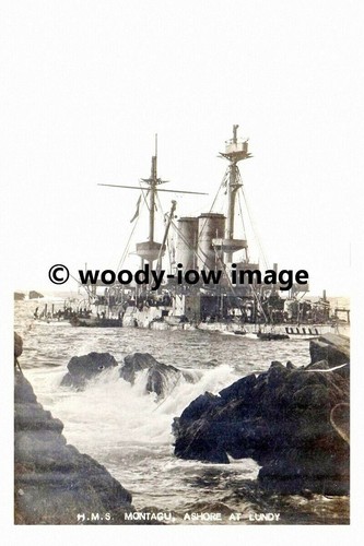 rp17821 - Royal Navy Warship - HMS Montagu aground Lundy Island - print ...
