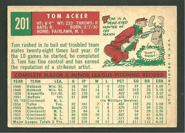 1959 Topps #201 Tom Acker Vintage Baseball Card Cincinnati Redlegs Reds ...