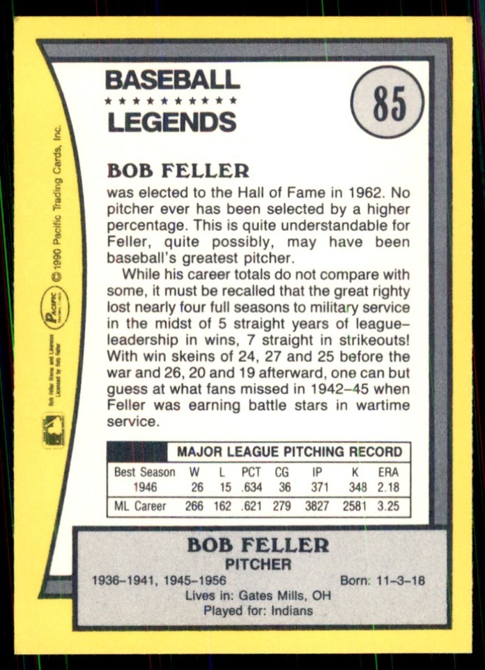 1990 Pacific Bob Feller Baseball Cards #85 | eBay