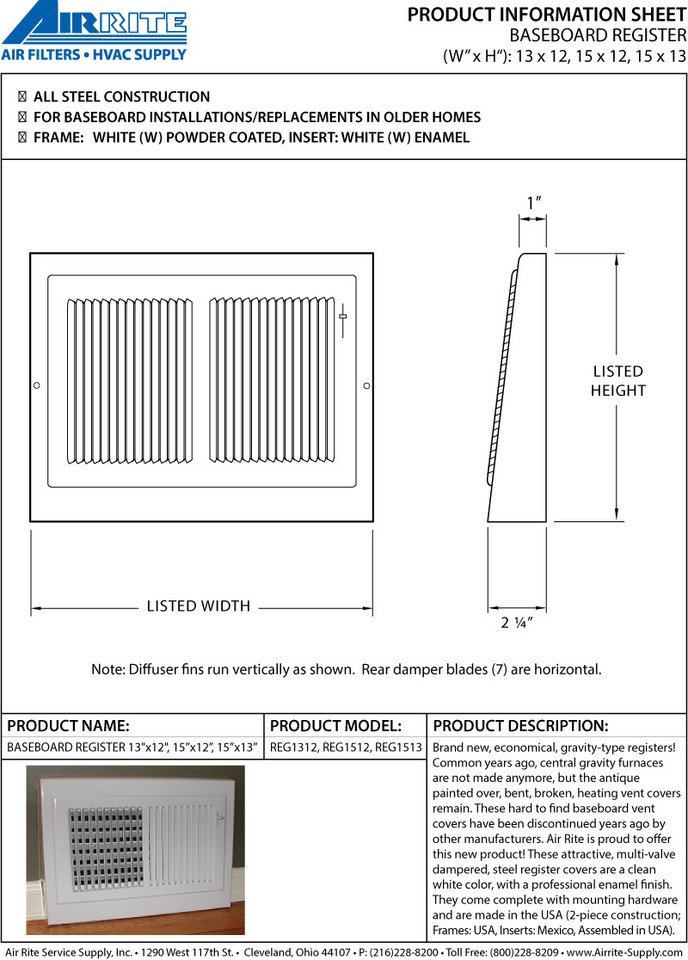 Baseboard Register 13" X 12" - Old Style Register - White - New | eBay