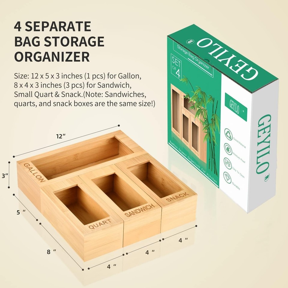 Bamboo Zip Bag Organizer f/Drawer 4 Separate Holder Gallon Quart ...