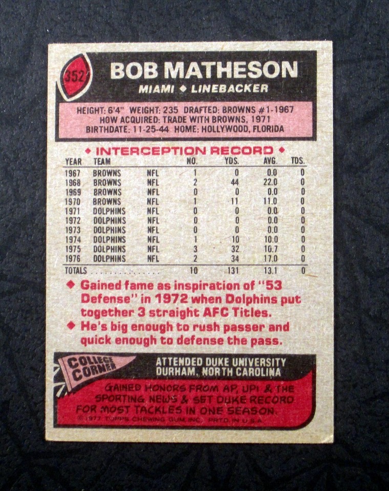 1977 TOPPS SET BREAK #352 Bob Matheson Miami Dolphins EX | eBay