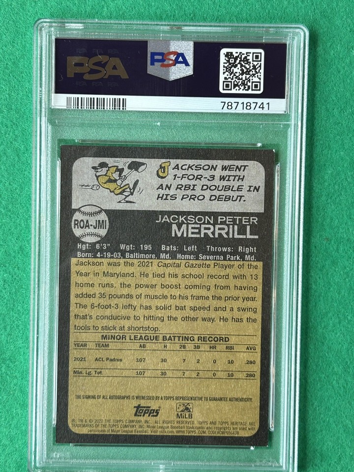 2022 Topps Heritage M/L Real One Autograph Jackson Merrill PSA MINT 9 # ...