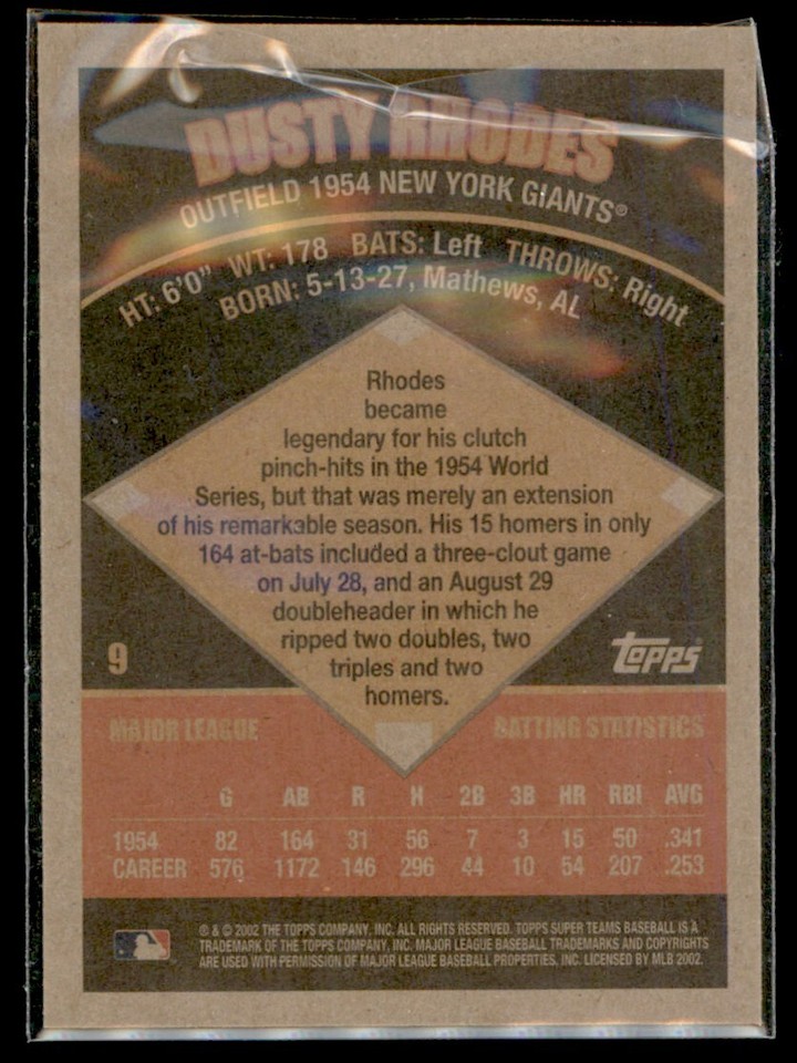 2002 TOPPS SUPER TEAMS DUSTY RHODES NEW YORK GIANTS #9 | eBay