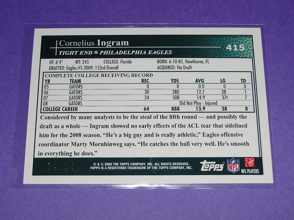 2009 Topps CORNELIUS INGRAM #415 Black RC/54 Philadelphia EAGLES ...