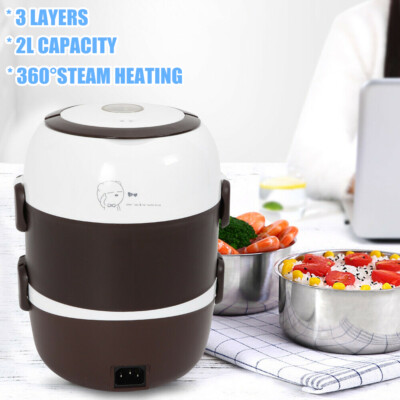 3Layers Portable Electric Lunch Box Steamer Food Warmer Brown 2L 200W ...