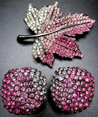 KJL KENNETH J LANE Pink & Ice Rhinestone Maple Leaf Brooch Earring Set ...