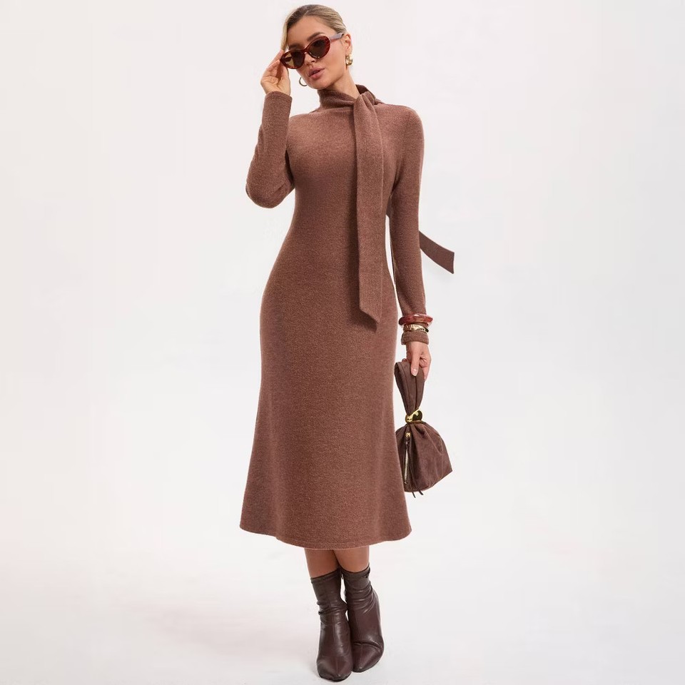 Women's Long Sleeve Fishtail Midi Sweater Dress - A New Day Brown | eBay