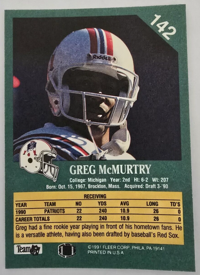 Football, Greg McMurtry, 1991 Fleer, New England Patriots, WR, Card ...