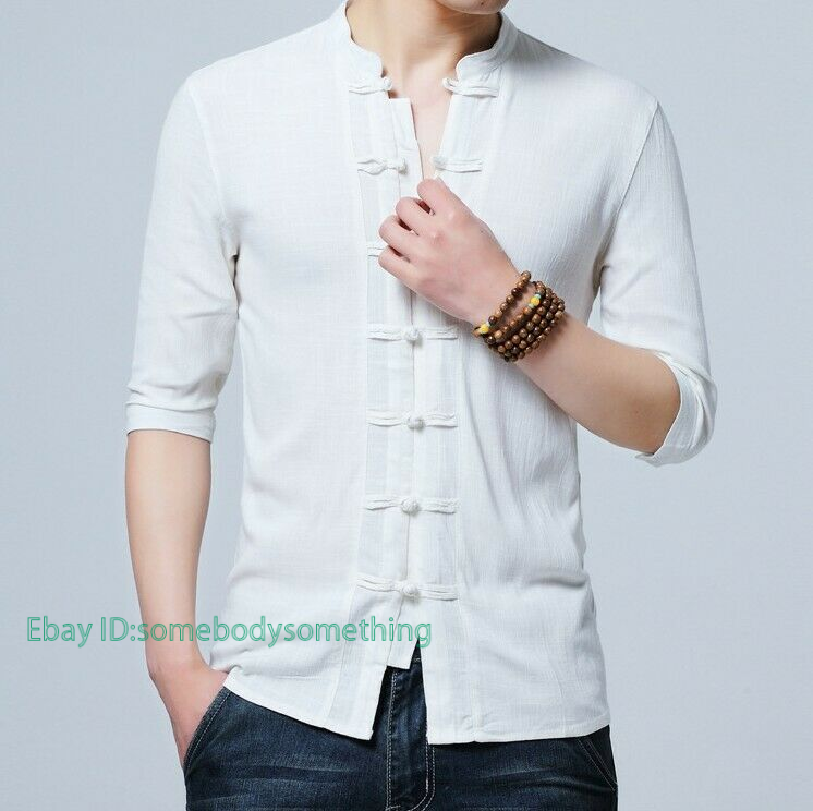 Mens Summer Chinese Style Frog Button Cotton Linen 3/4 Sleeve Shirt ...