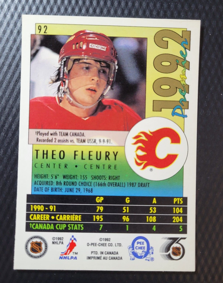1991-92 O-Pee-Chee Premier THEO FLEURY Calgary Flames Hockey NHL Card ...