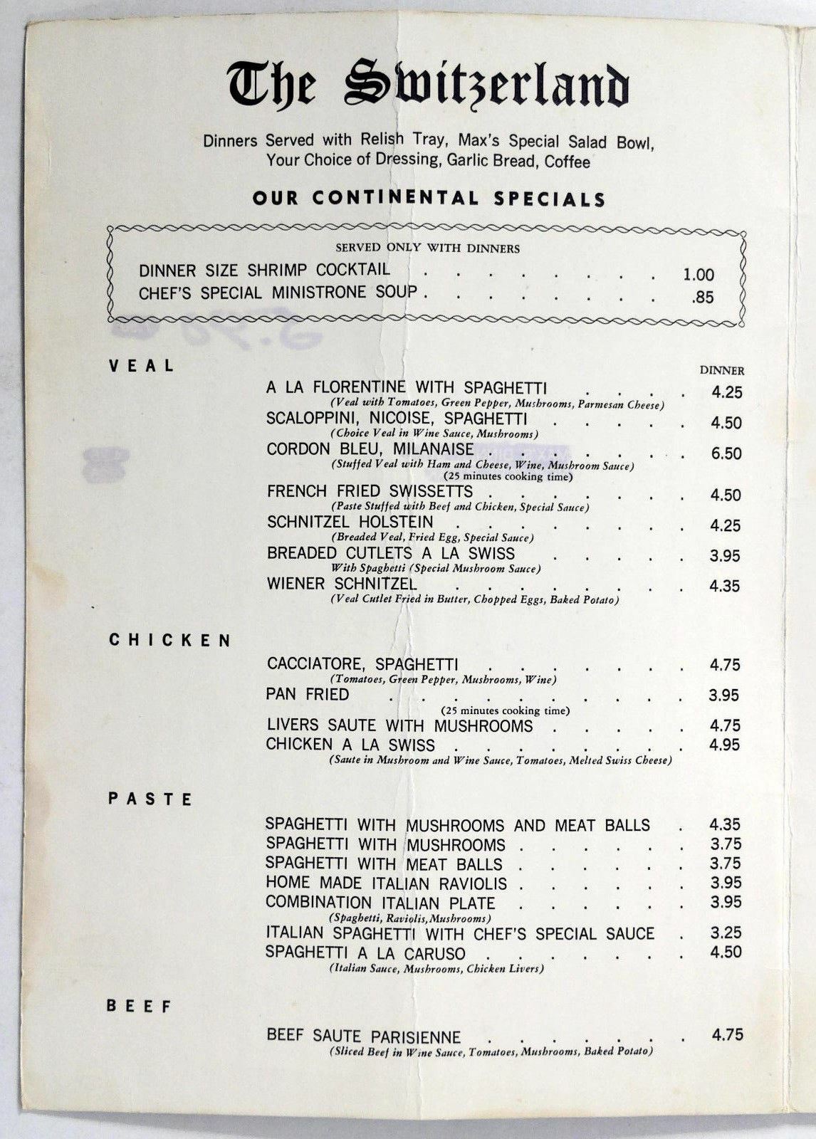 1960's Original Vintage Menu THE SWITZERLAND Restaurant Fairbanks ...
