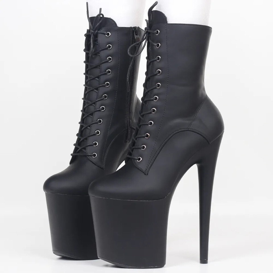 20CM Extreme High Heels Platform Boots Lace Up Pole Dancing Ankle Boots ...