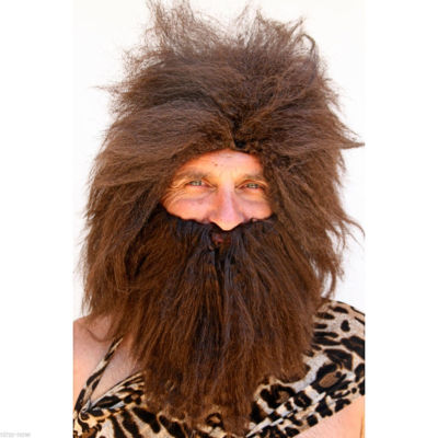Men's Caveman Wig & Beard Set Brown Black Crimped Hair DELUXE Fancy ...