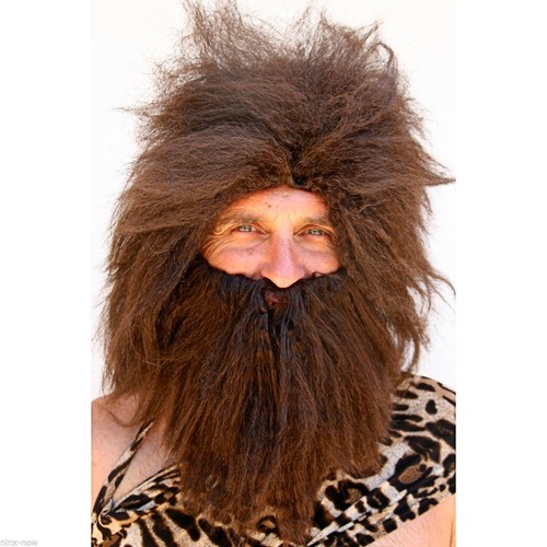 Men's Caveman Wig & Beard Set Brown Black Crimped Hair DELUXE Fancy ...