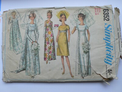 1960's Vintage Simplicity 6352 Wedding Dress Sewing Pattern Size 16 ...
