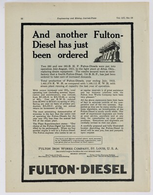 1924 Fulton Iron Works Ad: Fulton Diesel Engines for Altus, Oklahoma ...