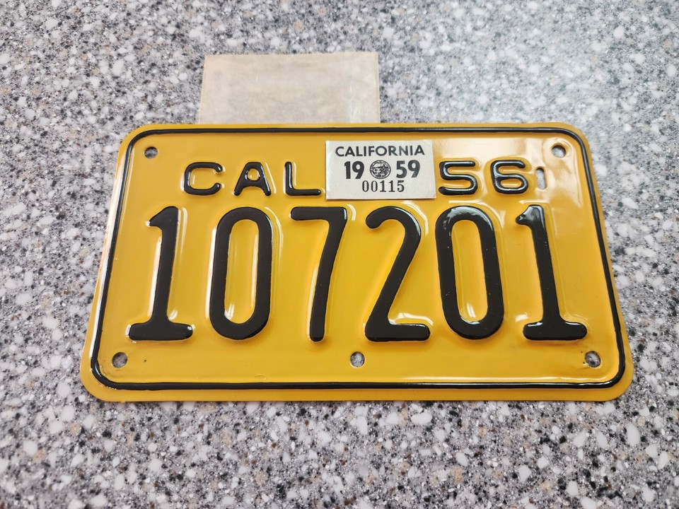 1956 California Motorcycle License Plate, 1959 Validation, Pro-Restored ...