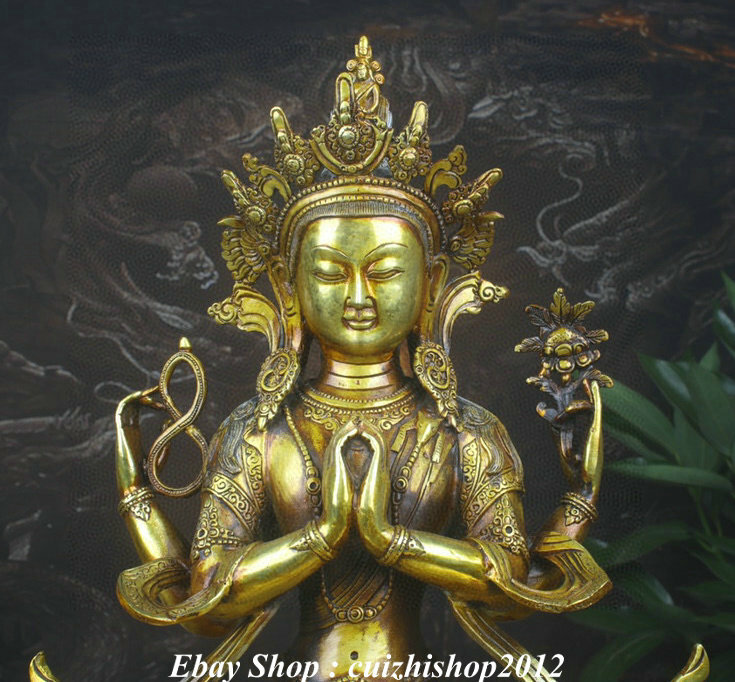 18.1" Old Bronze Gild Buddhism 4 Arms Chenrezig Avalokiteshvara Buddha ...