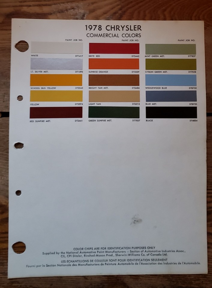 1978 Chrysler Passenger Commercial Auto Color Chips Chart Paint Codes ...