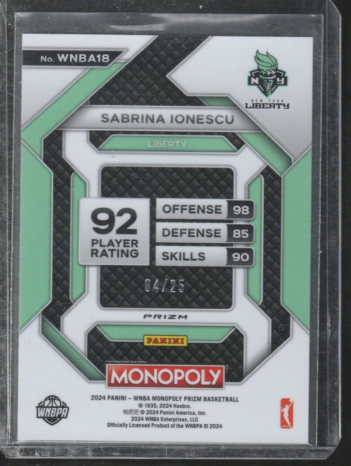 Sabrina Ionescu ~ 2024 WNBA Monopoly Prizm QUESTION MARK SP /25 New ...