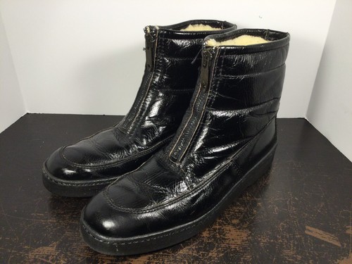Vintage Bates Floaters Black Leather Ankle Boots Zip Front Fleece Lined ...