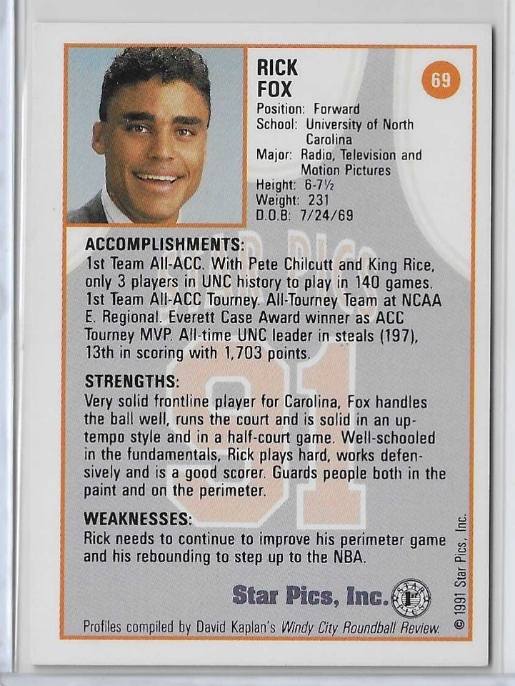 1991 Star Pics Basketball Rick Fox Rookie Card #69 North Carolina Tar ...