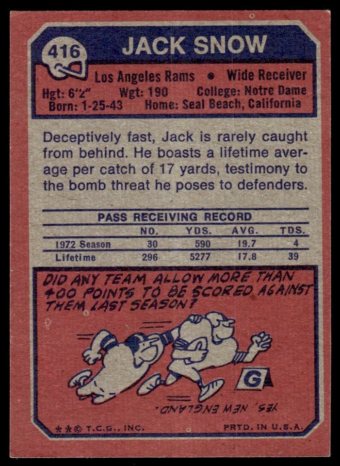 1973 TOPPS JACK SNOW LOS ANGELES RAMS #416 | eBay