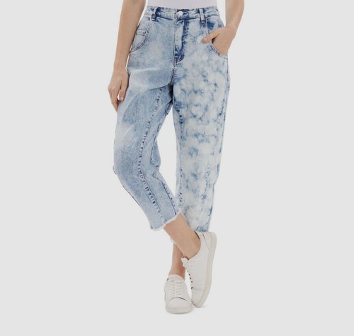 $90 Frayed Women's Blue High Rise Cropped Barrel Colorblock Jeans Pants ...