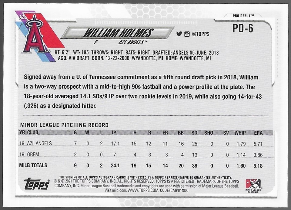 William Holmes 2021 Topps Pro Debut Autograph #PD-6 AZL Angels Rookie ...