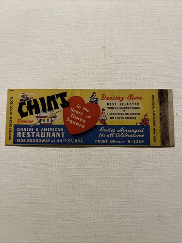Matchbook Cover Vintage, Chin’s Famous Restaurant & Dancing, Broadway ...