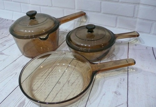 Lot Of 3 Corning Pyrex Vision Ware Amber Cookware Glass Pots And Pans ...