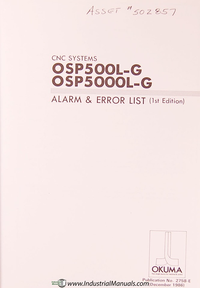 Okuma OSP500L-G, OSP5000L-G Alarm and Error List Manual | eBay