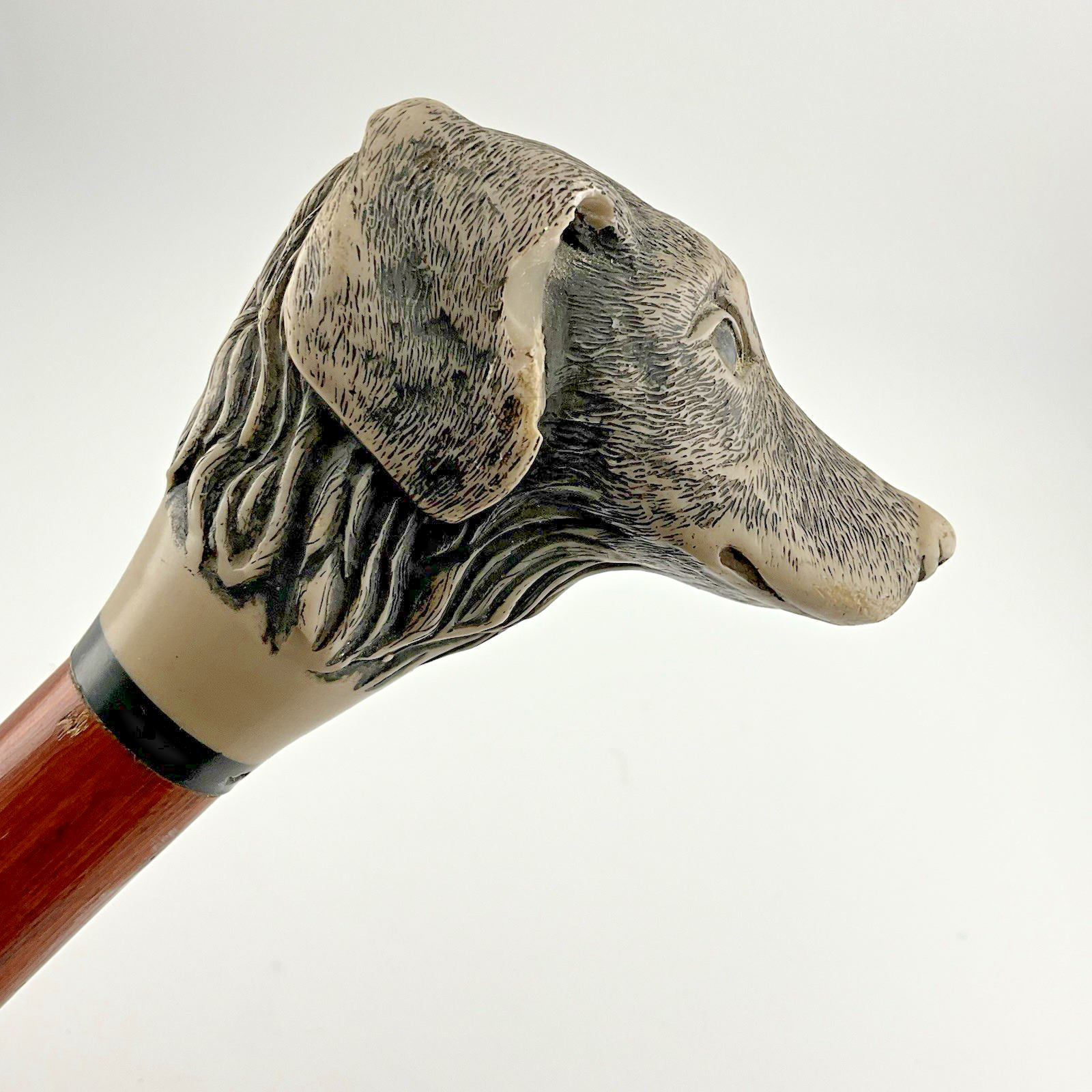 Vintage Scrimshaw Resin Retriever Dog Walking Stick w/ Chestnut Wood ...