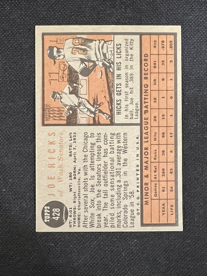 1962 Topps #428 Joe Hicks NM Washington Senators *96 | eBay